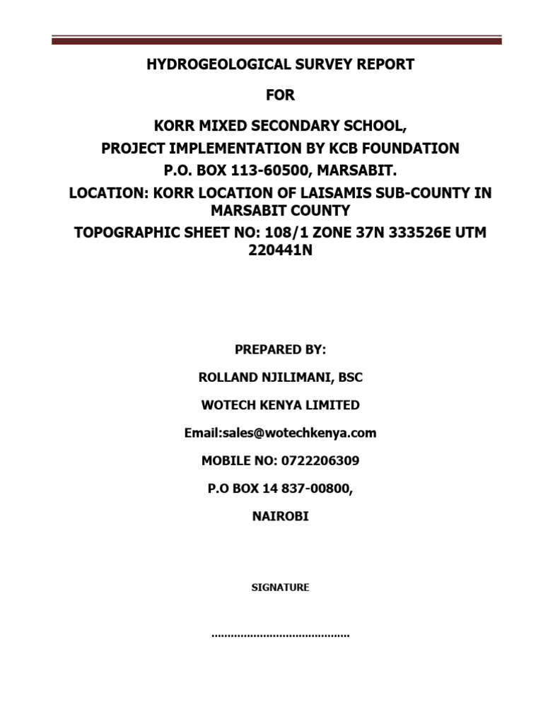 Korr Mixed Secondary School - Hydrogeological Re-Survey Report | PDF