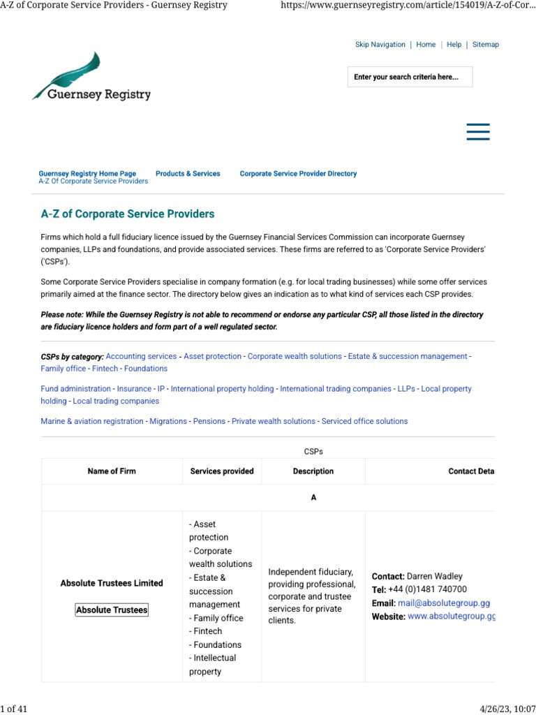 A-Z of Corporate Service Providers - Guernsey Registry | PDF