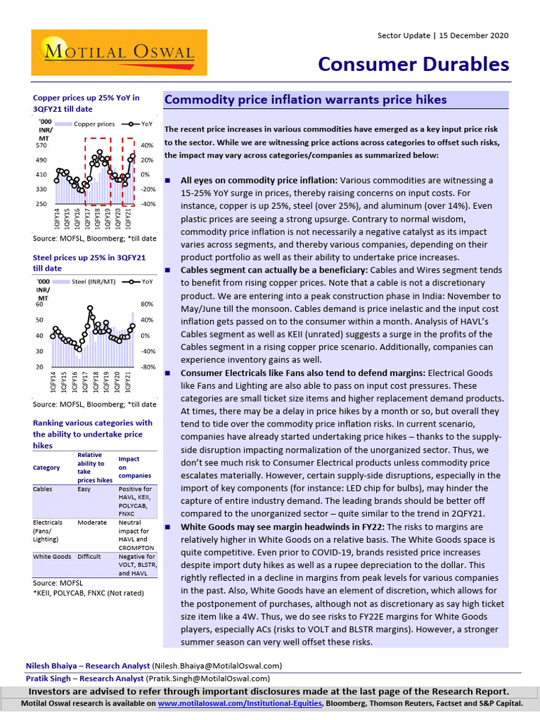 Consumer Durables: Commodity Price Inflation Warrants Price Hikes | PDF