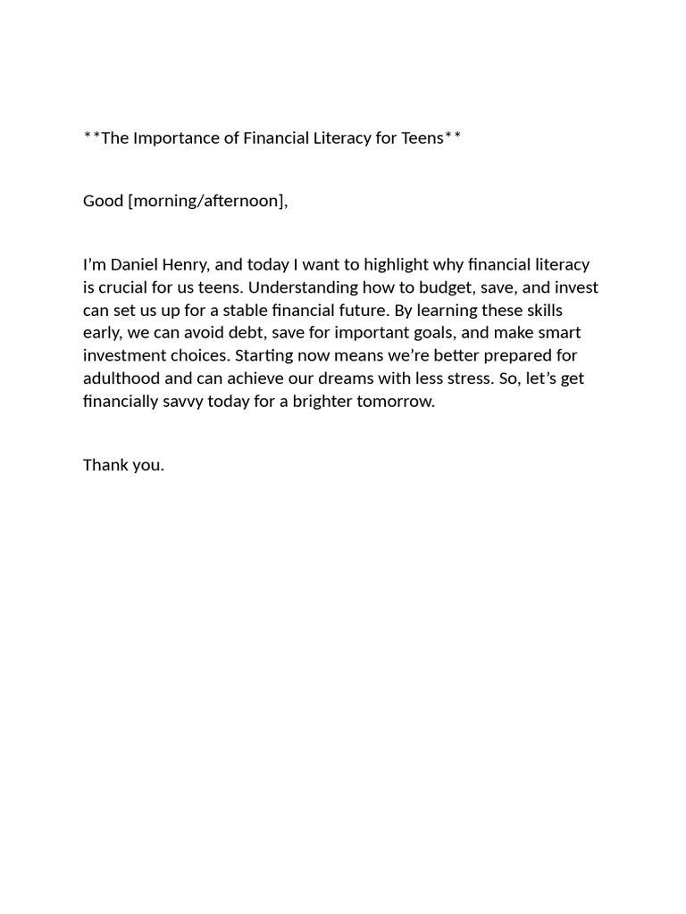 The Importance of Financial Literacy For Teens | PDF