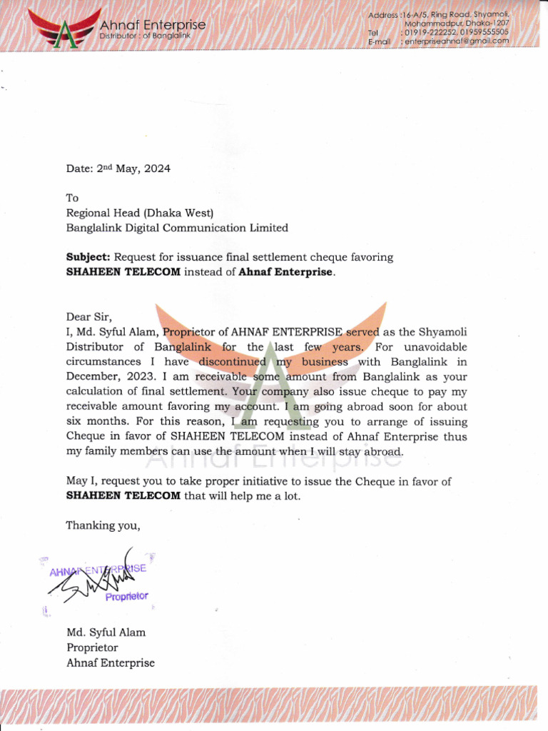 Regarding Final Settlement of Ahnaf Enterprise | PDF