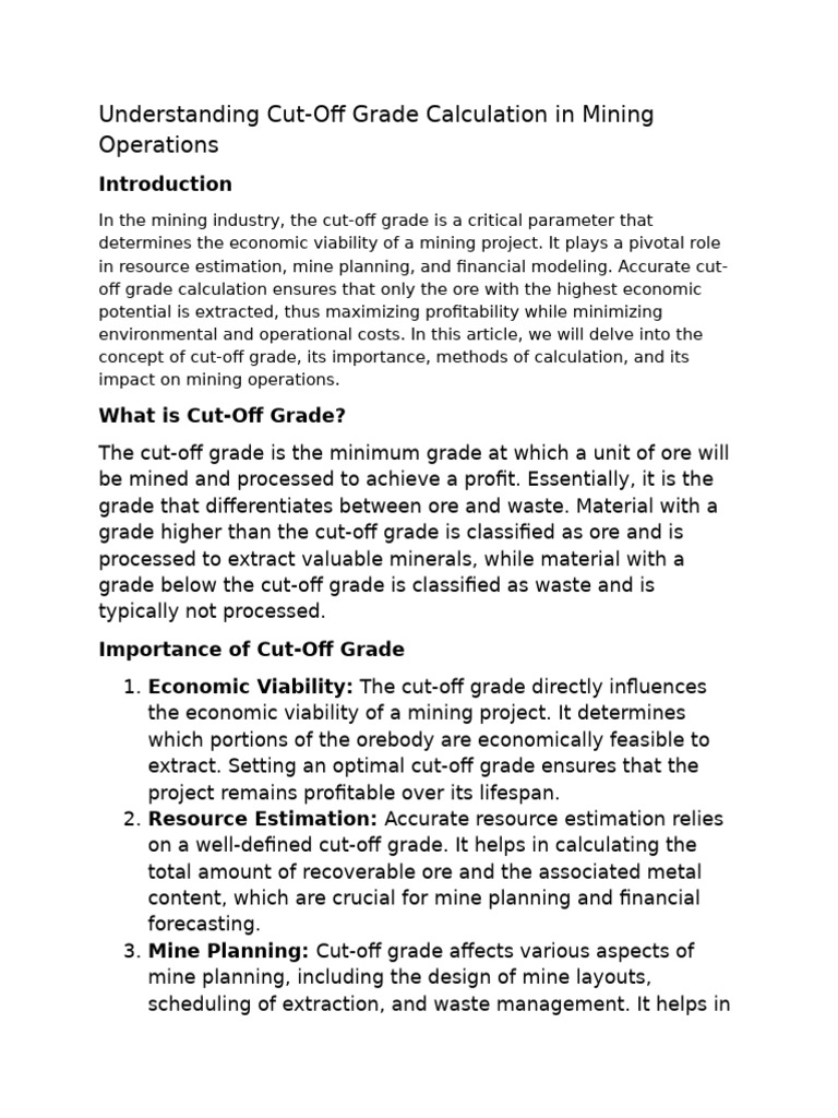 Understanding Cut-Off Grade Calculation in Mining Operations | PDF