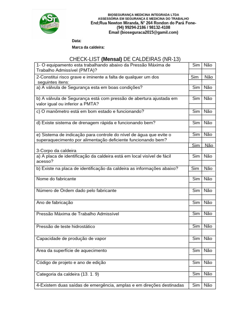 CHEK LIST CALDEIRAS WORD | PDF