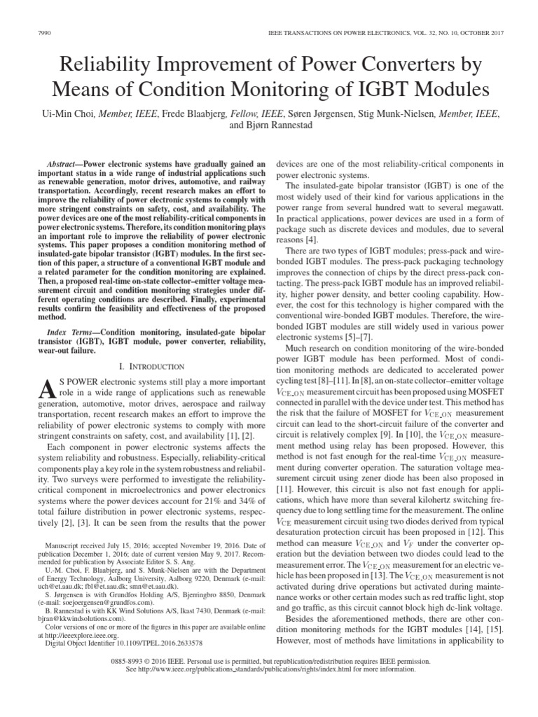 Reliability Improvement Of Power Converters By Means Of Condition Monitoring Of Igbt Modules Pdf