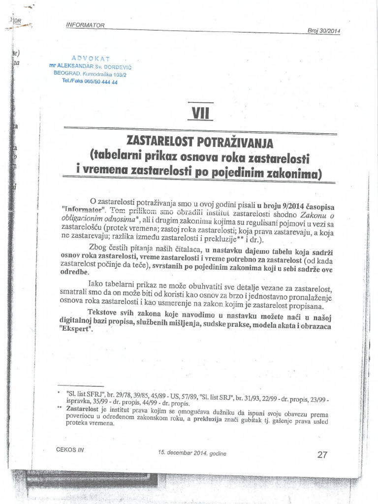 Zastarelost Potraživanja | PDF
