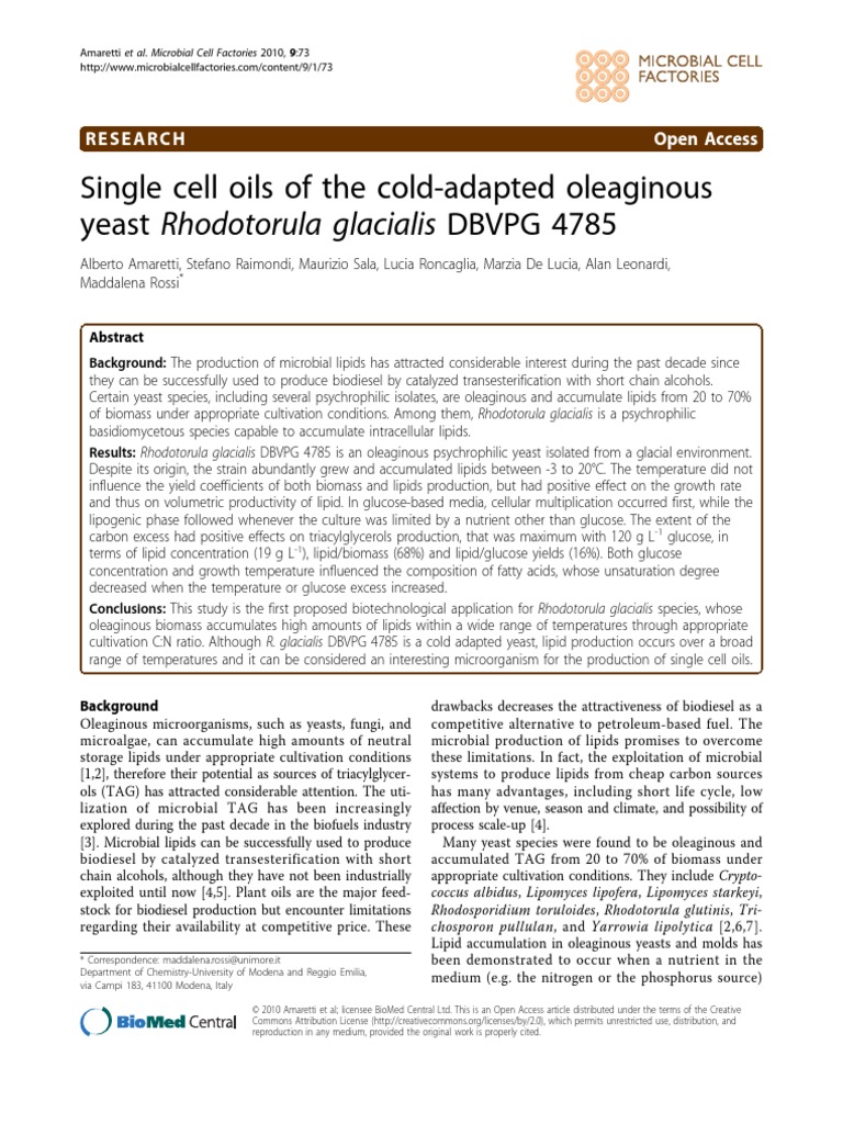 Single Cell Oils of The Cold-Adapted Oleaginous Yeast Rhodotorula ...