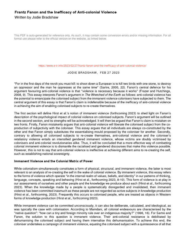 Frantz Fanon and The Inefficacy of Anti Colonial Violence | PDF