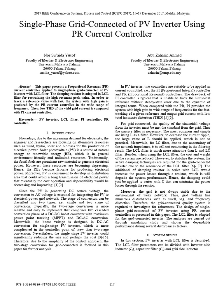 Single-Phase Grid-Connected of PV Inverter Using PR Current Controller ...