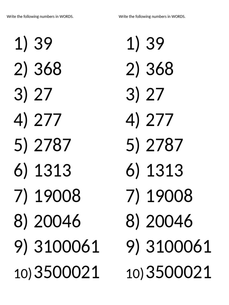 Write the Following Numbers in WORDS | PDF Write the Following Numbers in WORDS | PDF