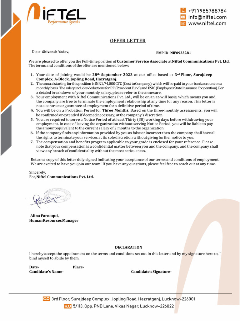 Offer Letter | PDF