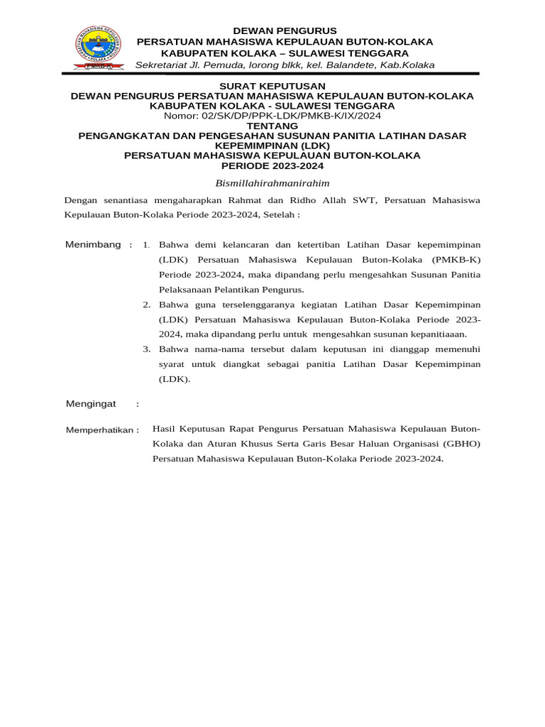 SK Kepanitiaan Latihan Dasar Kepemimpinan (LDK) 2024-2025 | PDF | Science & Mathematics