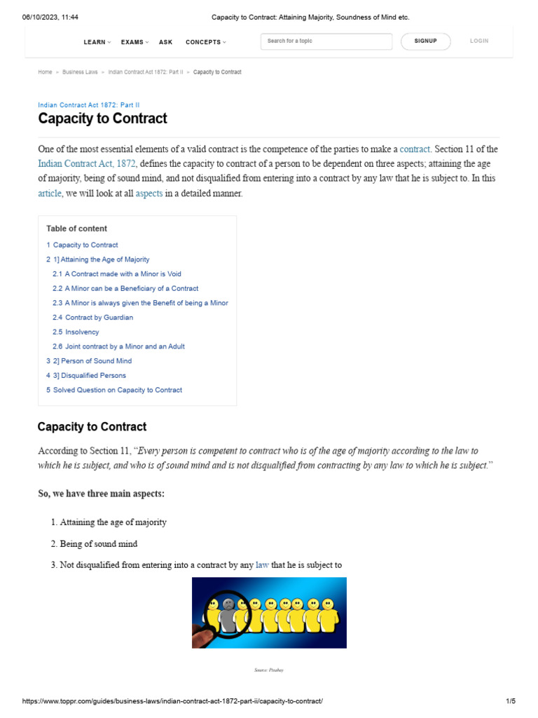 Capacity To Contract - Attaining Majority, Soundness of Mind Etc | PDF ...
