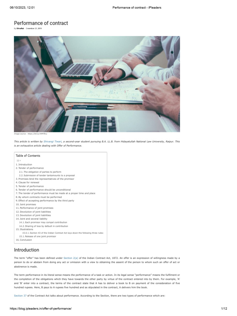 Performance of Contract - Ipleaders | PDF | Offer And Acceptance | Law