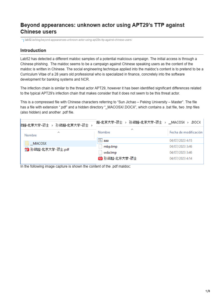 2023-07-07 - Beyond Appearances - Unknown Actor Using APT29's TTP Against Chinese Users | PDF