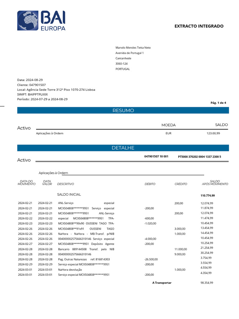 Extrato Bancario BAIEUR | PDF