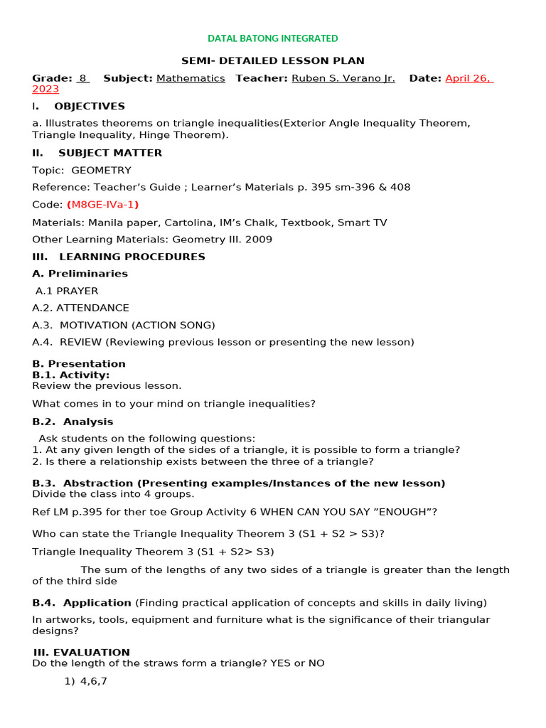 Math 8 Lesson Plan Week 2.2 | PDF