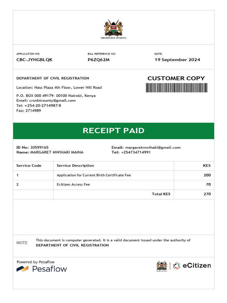 Cbc-Jyhgblqk-Civil Registration Receipt | PDF
