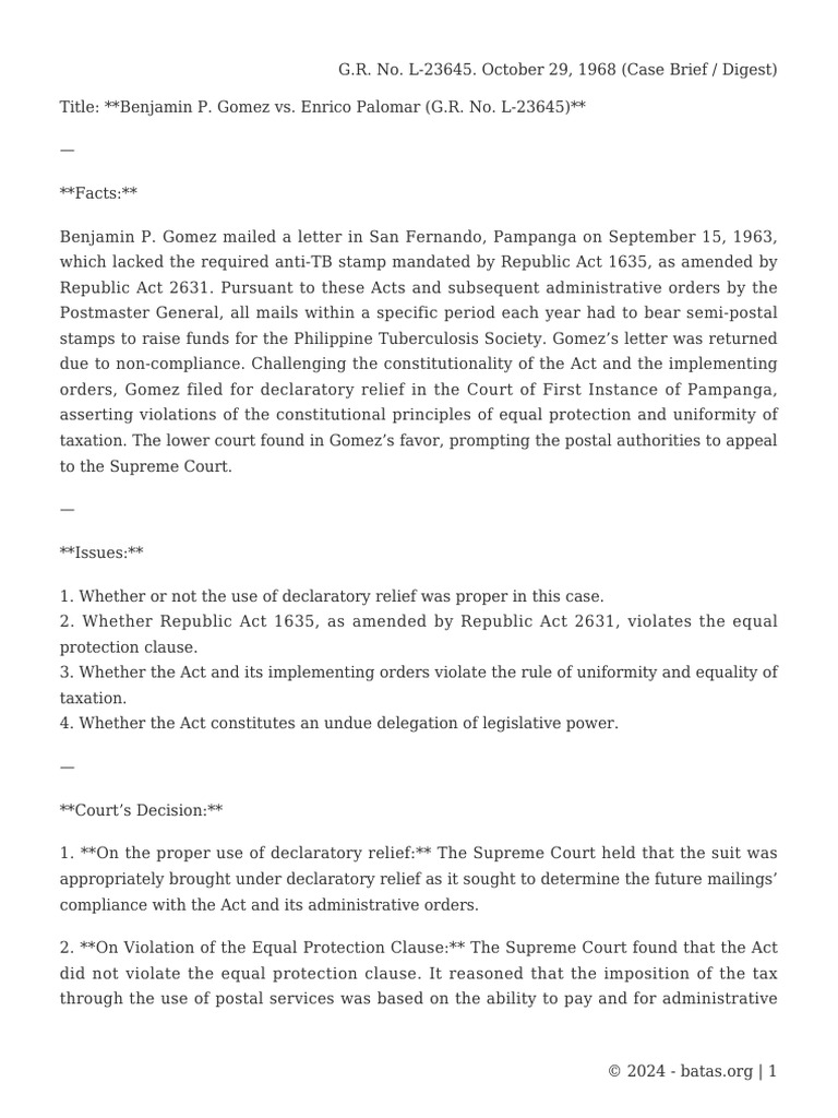 G.R. No. L-23645. October 29, 1968 (Case Brief - Digest) | PDF