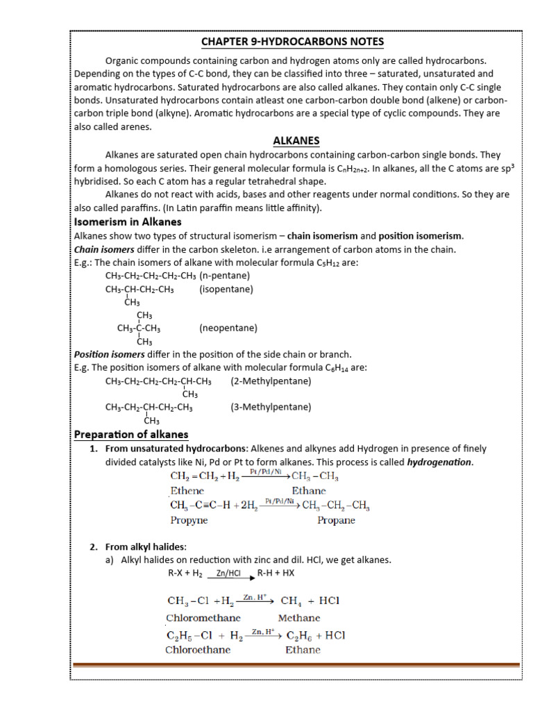 Chapter 9-Hydrocarbons Notes | PDF