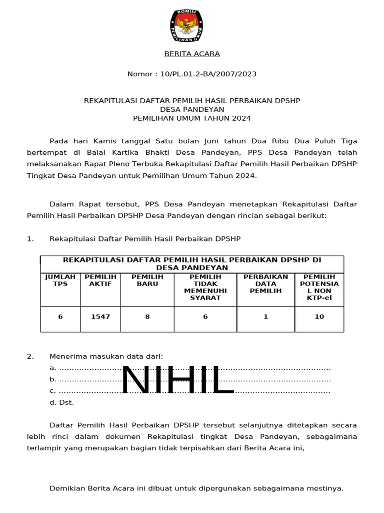 Form BA Kel - Desa PKPU 2023 | PDF