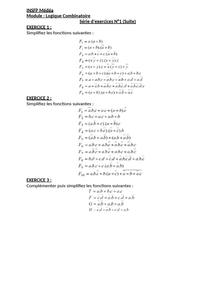 TD Serie-d-Exercices-Simplification-Des-Fonctions-Logiques | PDF