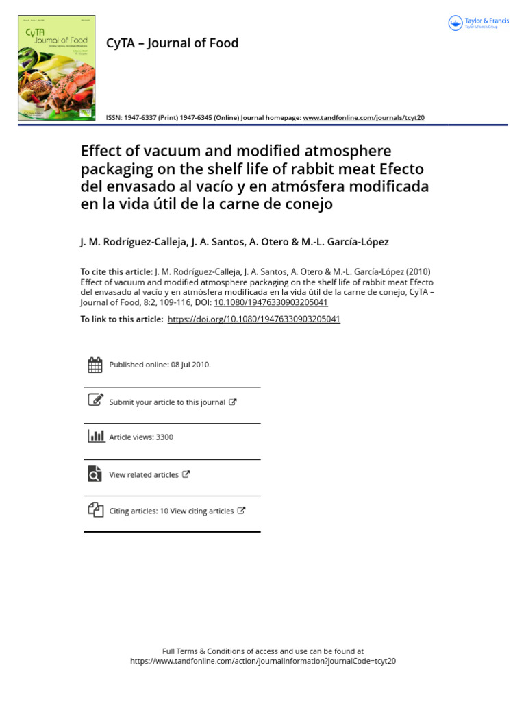 Effect of Vacuum and Modified Atmosphere Packaging On The Shelf Life of Rabbit Meat Efecto Del ...