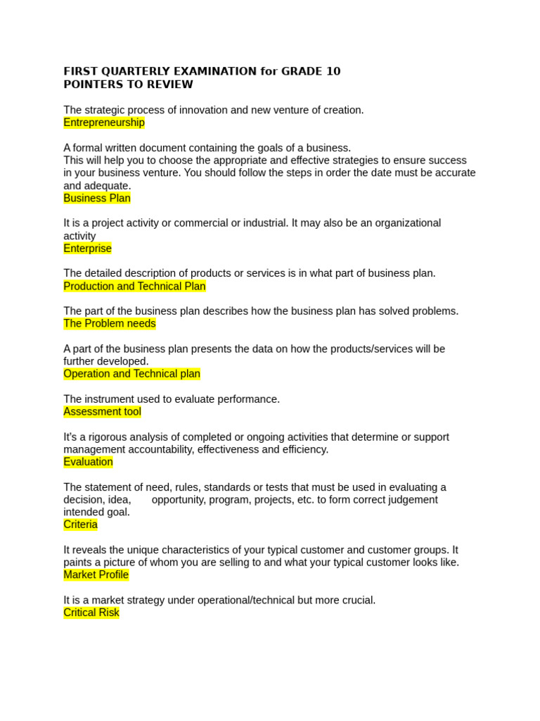 G10 Pointers To Review | PDF | Entrepreneurship | Career & Growth G10 Pointers To Review | PDF | Entrepreneurship | Career & Growth