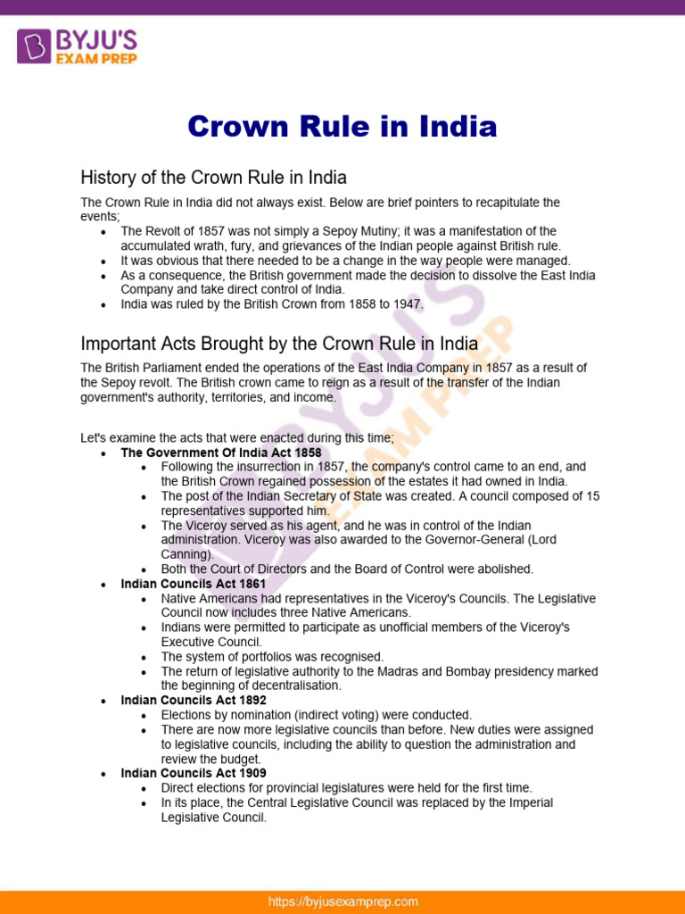Crown Rule in India Upsc Notes 57 | PDF