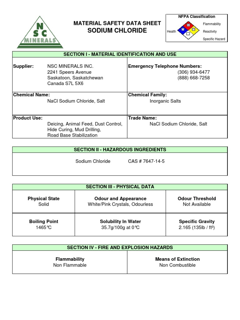 Sodium Chloride Safety Data Sheet | PDF | Sodium Chloride | Materials