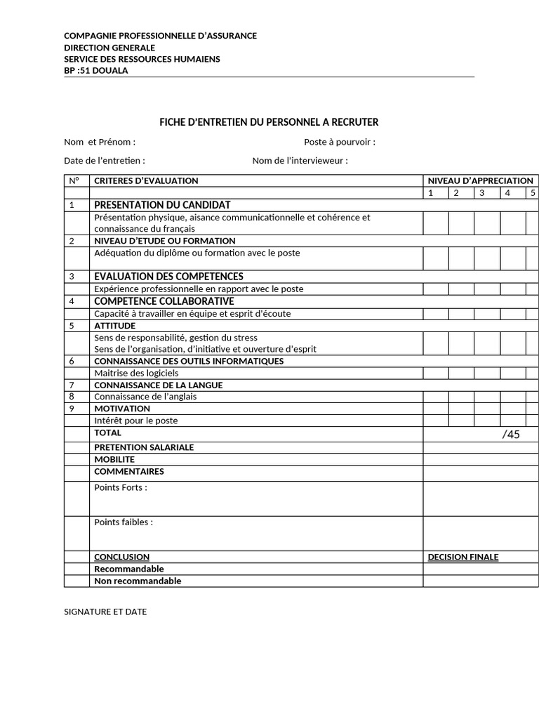Fiche D'entretien D'embauche | PDF