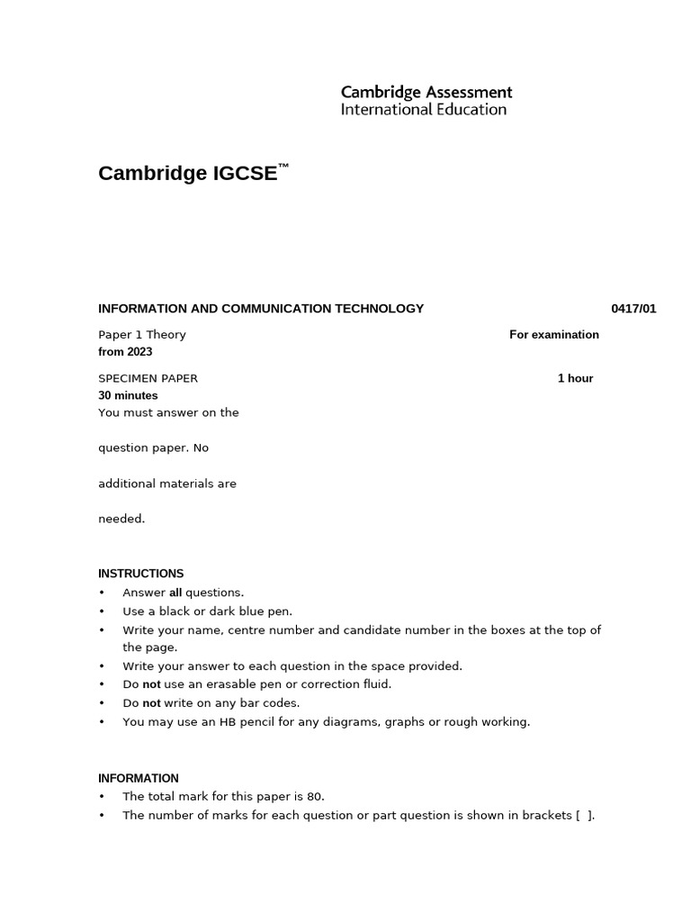 Cambridge IGCSE: Information and Communication Technology 0417/01 | PDF