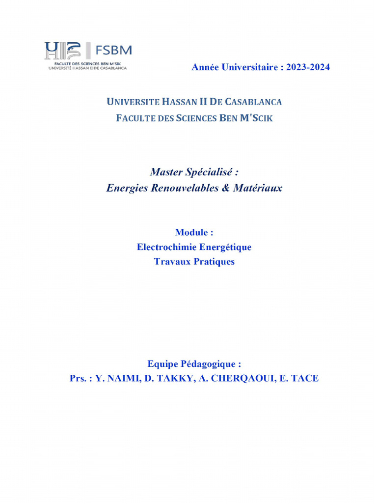 Electrochimie Energétique TP 2023-2024 | PDF