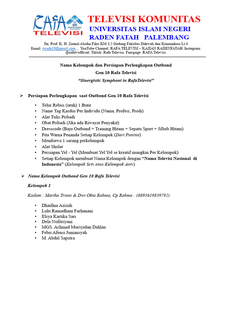 Persiapan Dan Nama - Nama Kelompok Outbound 2024 | PDF