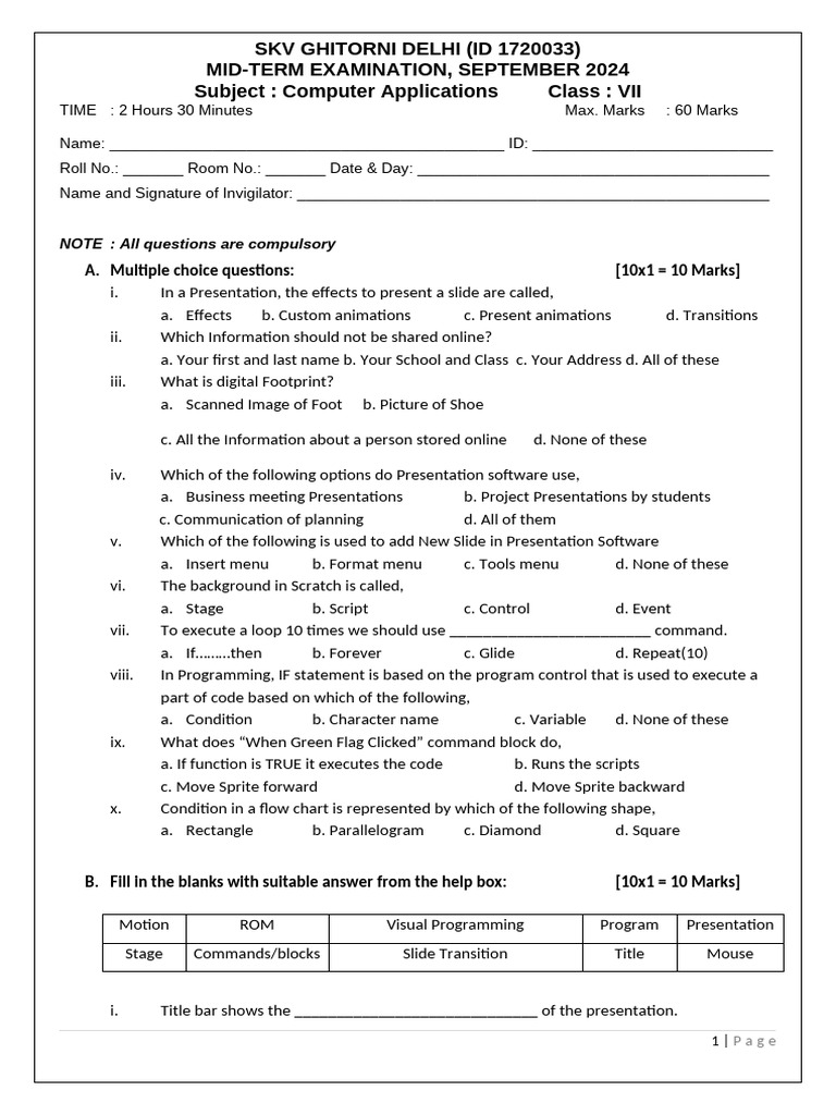 Computer Applications Exam Class VII | PDF | Scratch (Programming ...