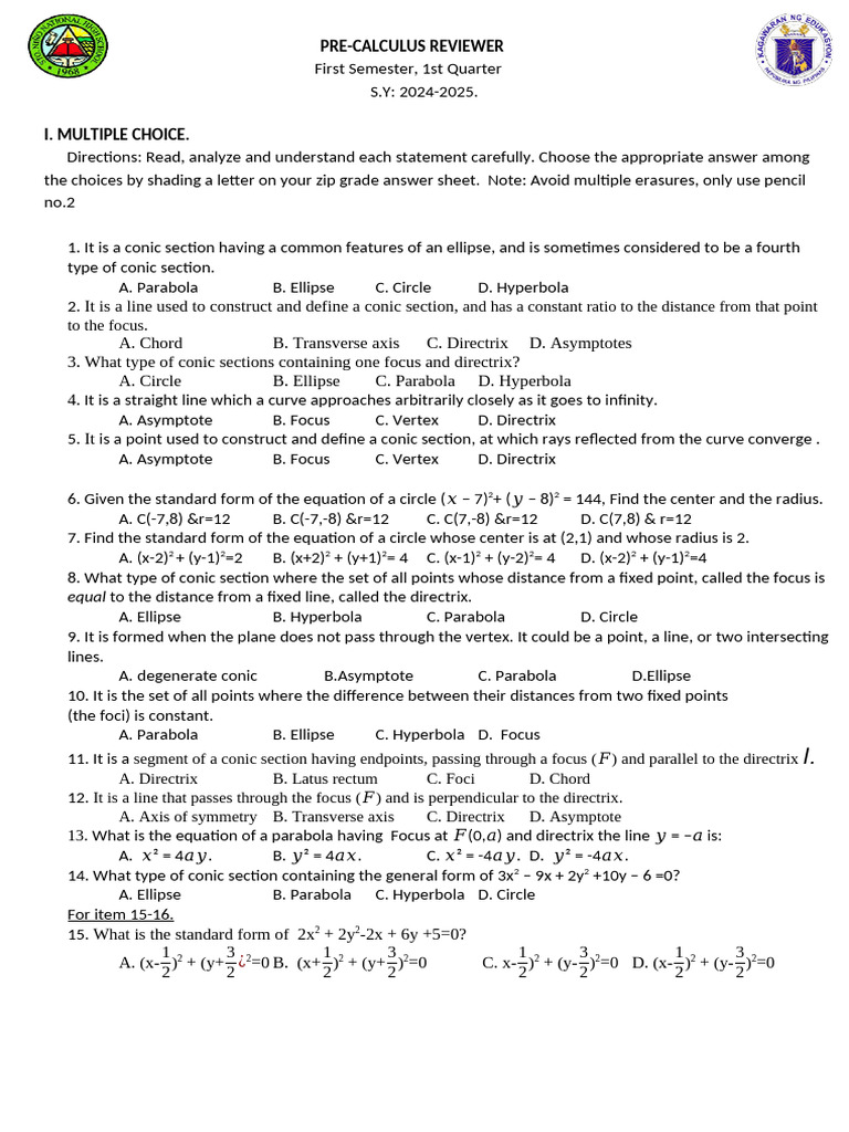 Pre Calculus Reviewer | PDF | Euclidean Plane Geometry | Differential ...