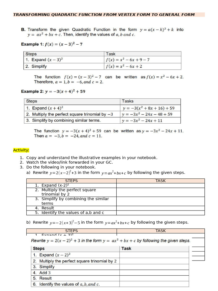 Transforming Quadratic Function From Vertex Form To General Form | PDF