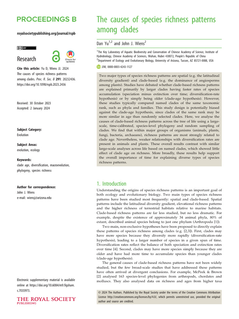 Yu & Wiens (2024) - The Causes of Species Richness Patterns Among ...