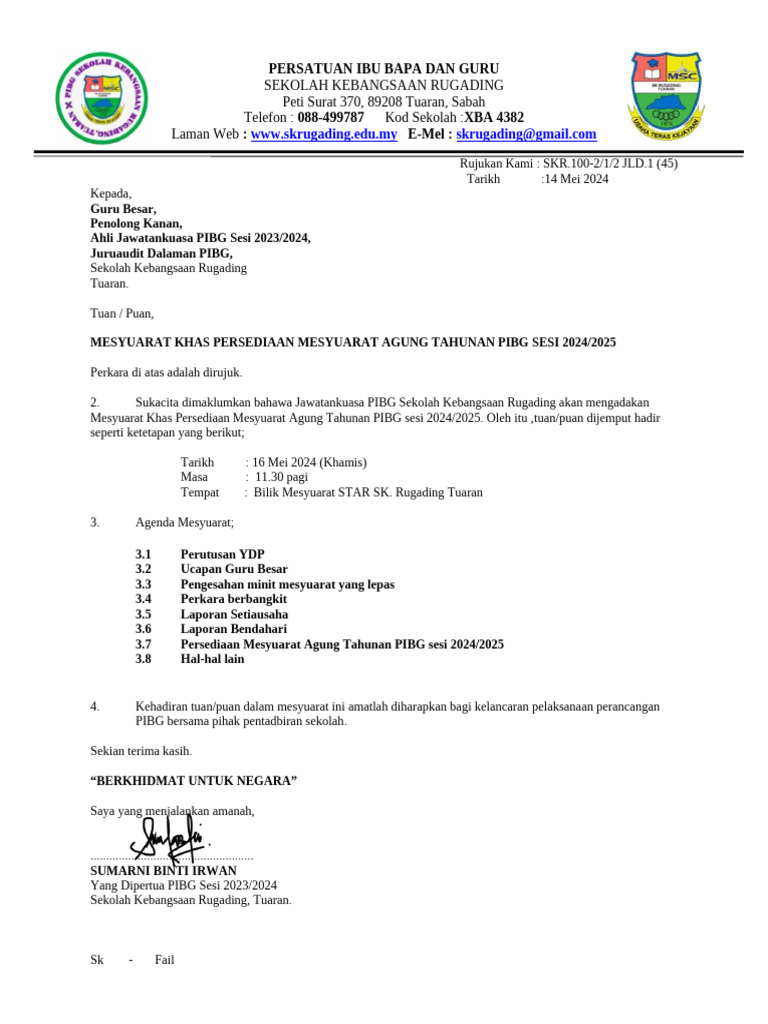 Surat Jemputan Mesyuarat Khas Mat | PDF