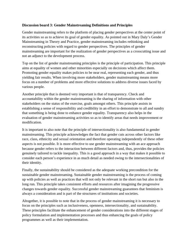 Gender Mainstreaming Definitions and Principles | PDF