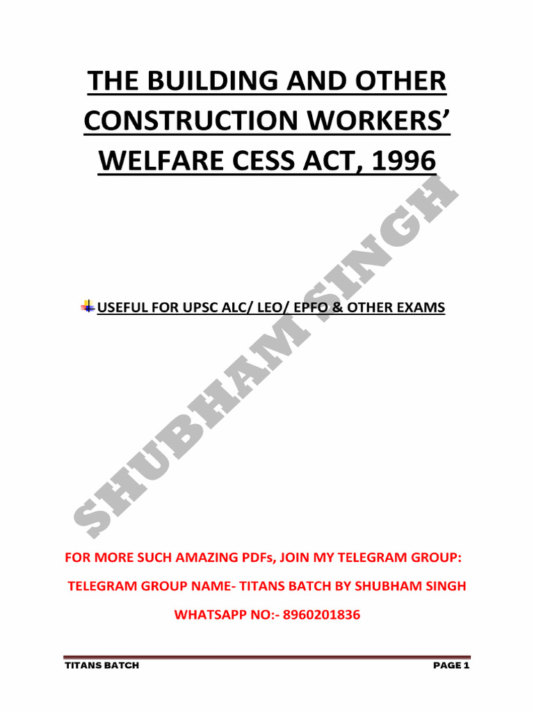 Building and Other Construction Workers' Welfare Cess Act 1996 | PDF