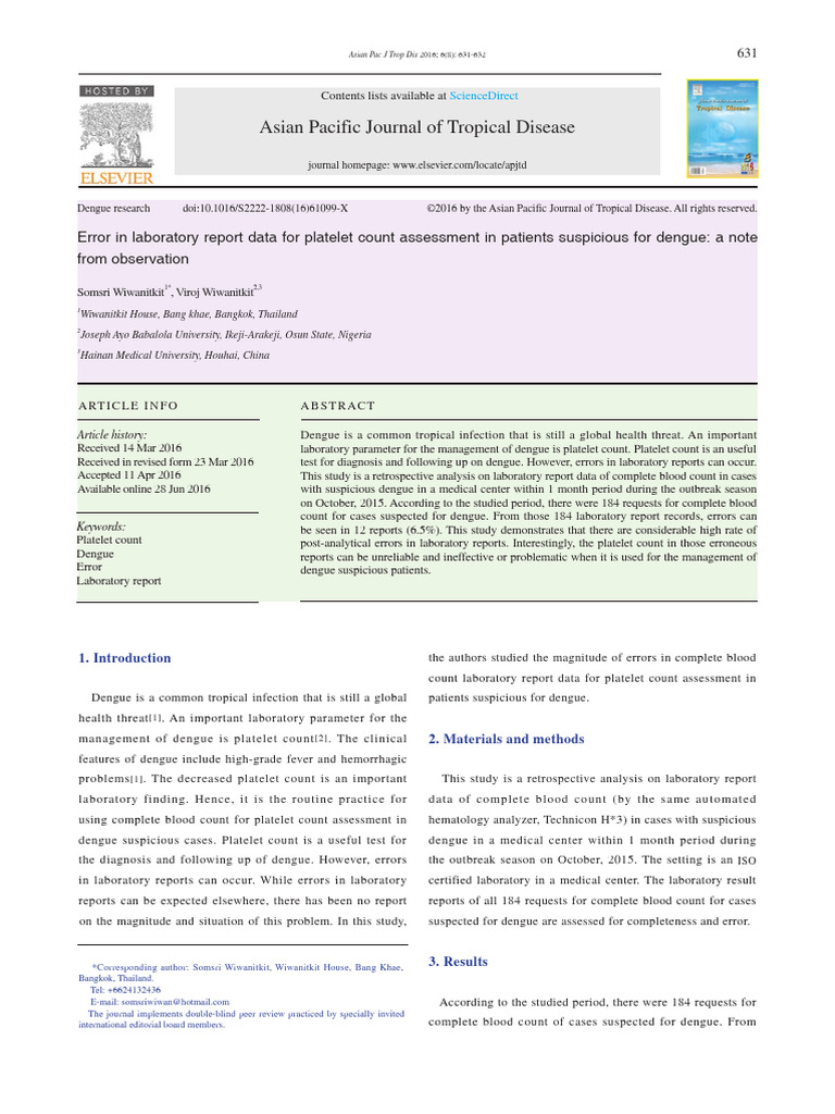 Error in Laboratory Report Data For Platelet Count | PDF