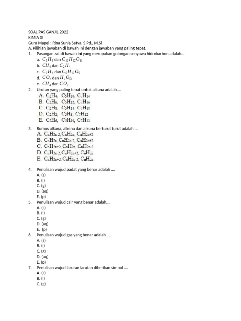 Soal Kimia Pas Ganjil 2022 | PDF