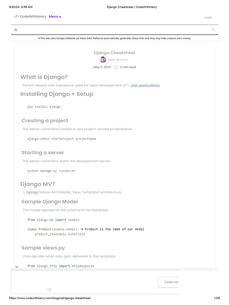 Django Cheatsheet _ CodeWithHarry | PDF