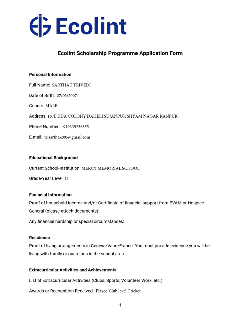 Ecolint Scholarship Programme Application Form-EN | PDF