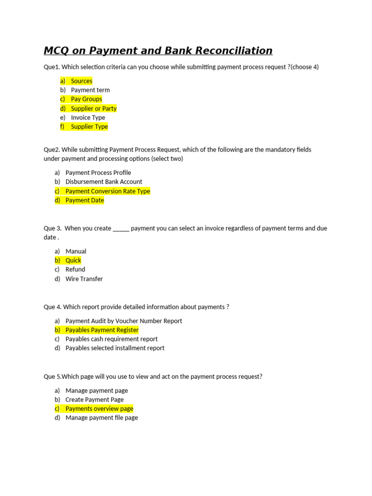 MCQ On Payment and Bank Reconciliation | PDF | Accounts Payable | Finance & Money Management