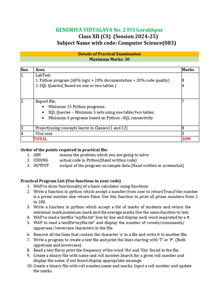 XII CS Practical List 2024-25 | PDF