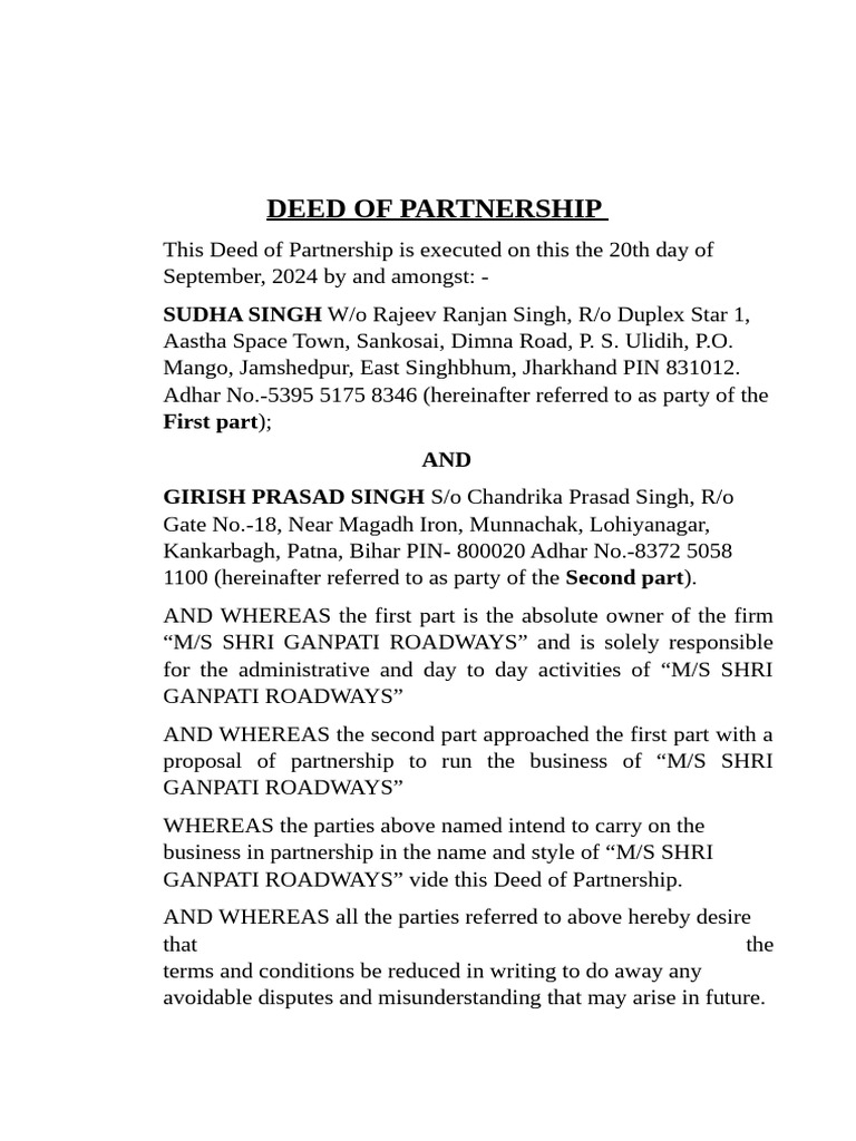 Partnership Deed | PDF