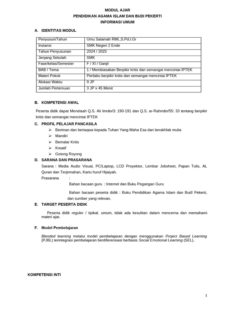 PAI - Modul Ajar Kelas XI - Bab I | PDF