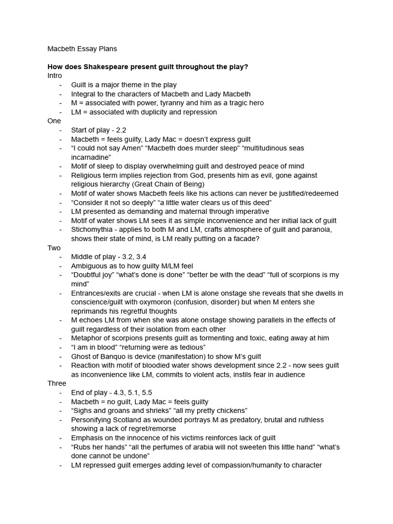 Macbeth in Depth Essay Plans For Some Key Characters and Themes | PDF