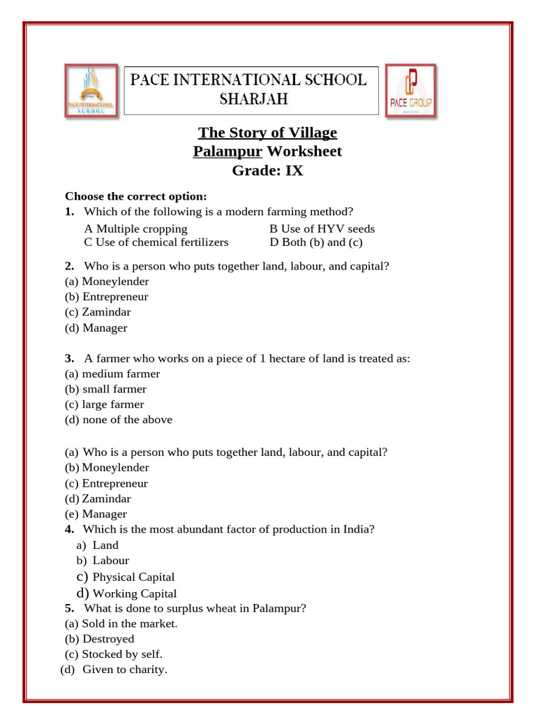Work Sheet - The Sory of Village Palampur | PDF | Agriculture | Green ...